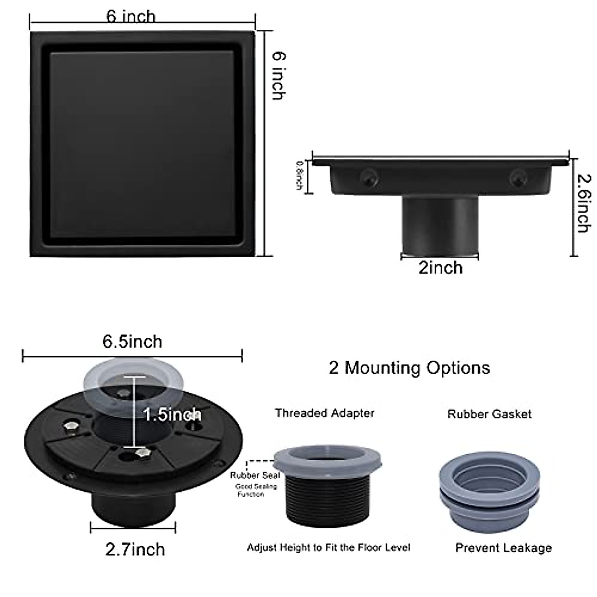Fibetter 6 Inch Tile Insert Square Shower Drain with Flange Base, 2 in 1 SUS 304 Stainless Steel Shower Drain - Matte Black