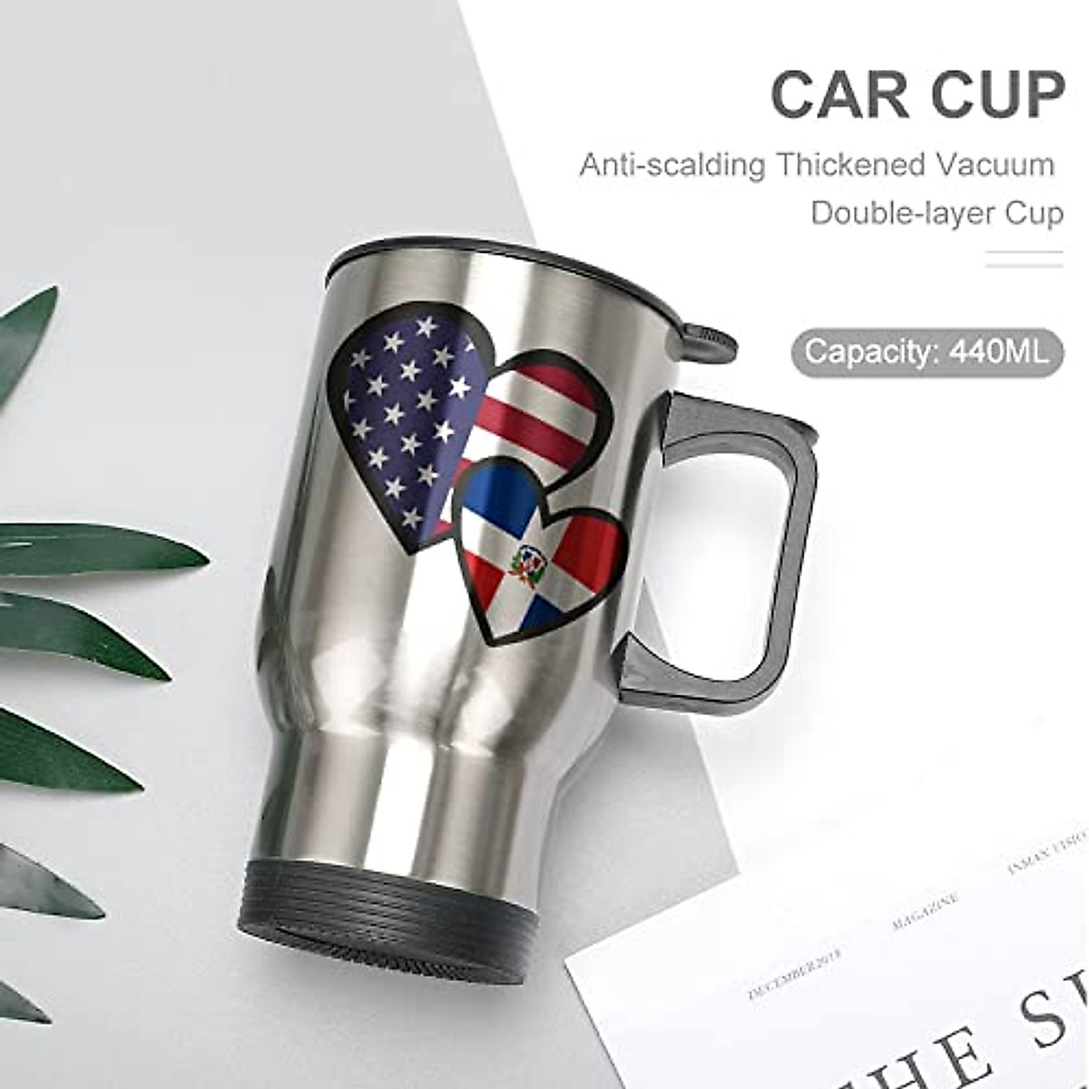 Interlocking Hearts USA Dominican Republic Flag 14 Oz Travel Coffee Mug Stainless Steel Vacuum Insulated Cup with Lid