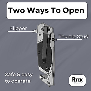 Rtek 4.75" G10 Handle Tactical Folding Pocket Knife with Liner Lock, Pocketclip, Glass Breaker, Seatbelt Cutter (Black)