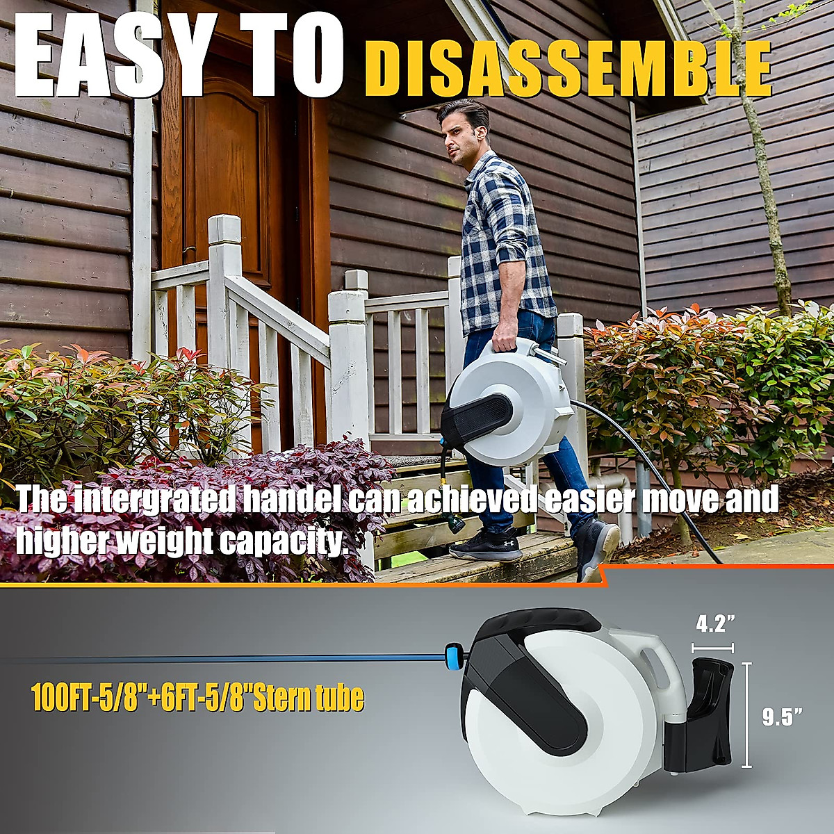 PinWheel Garden Hose Reel Wall Mount, Slow Return 5/8 Inch × 100 + 6 FT Retractable Water Hose Reel Automatic Rewind with Any Length Lock, 9 Pattern Hose Nozzle, 180° Swivel Bracket