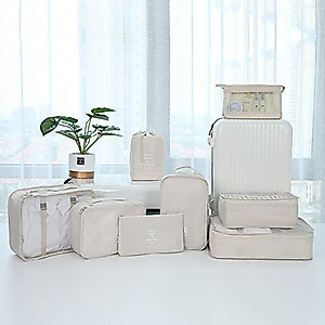 Belsmi 8 Set Packing Cubes with Shoe Bag - Compression Travel Luggage Organizer (Beige)