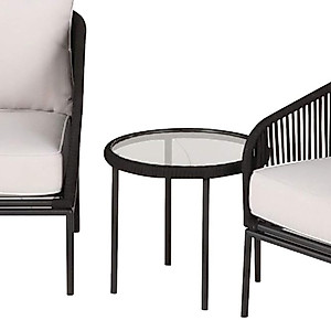 Four Seasons Courtyard Carrabelle 3 Piece Outdoor Patio Furniture Set with 2 Woven Rope Backrest Design Cushioned Chairs and Round Side Table, Black
