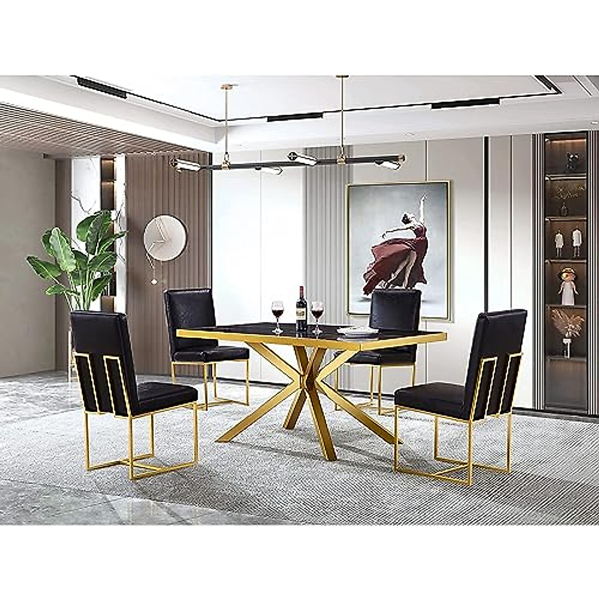 AZhome Modern Dining Room Table with Gold Stainless Steel Metal X-Base in Black Gold