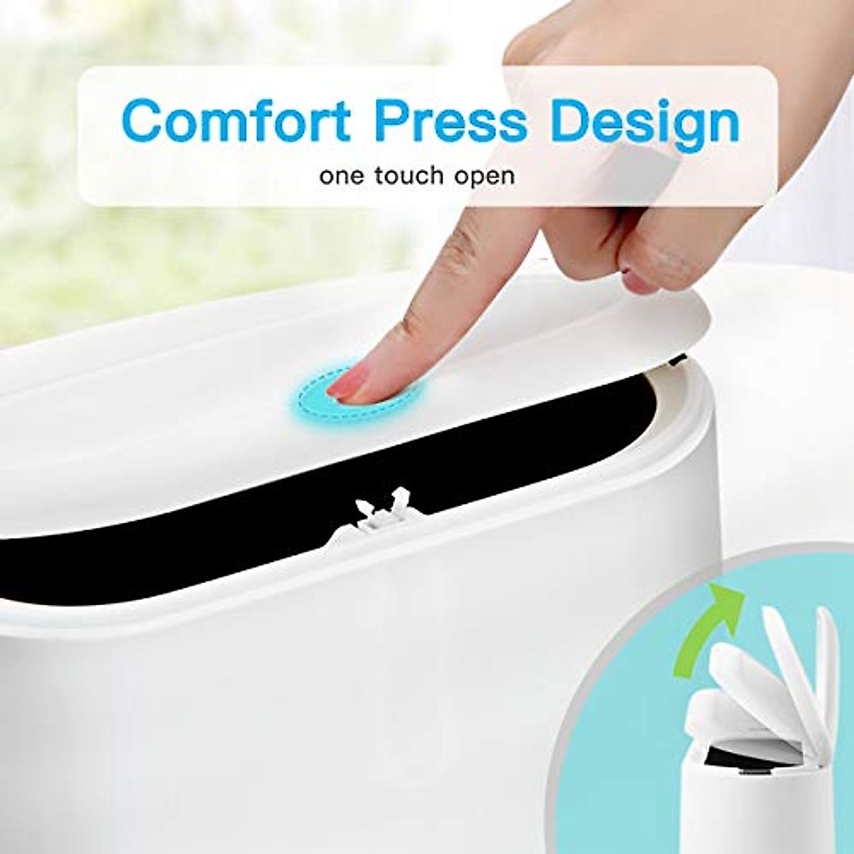 AYADA Mini Trash Can with Lid, Press-Type with Removable Inner Plastic Small Garbage Can Little Tiny Waste Basket Compact Covered Closable Trash Bin, Desk Countertop Office Kids Oval Rectangle (White)