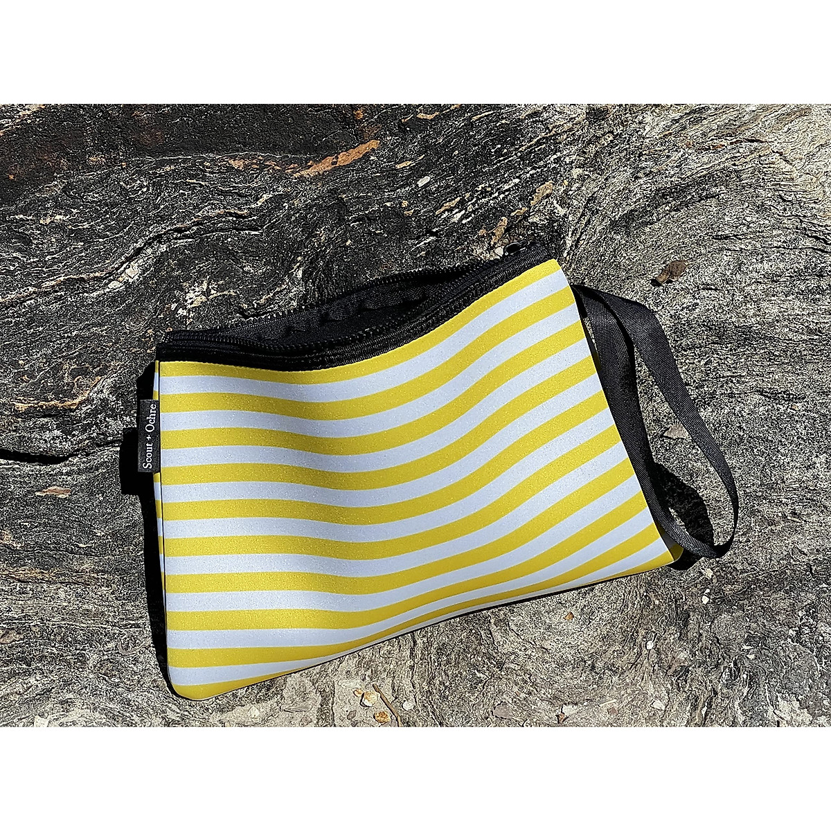 Scout + Ochre Neoprene Swimsuit Bag Pouch with Zipper - Waterproof Wet Bag for Swimwear, Diapers, Cosmetics, Travel Toiletries - great for Beach, Pool, Strollers, Gym - 11.5x8in (Yellow White Stripe)