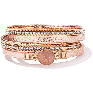 FANCY SHINY Boho Wrap Bracelets Leather Cuff Bracelet Bohemian Jewelry Resin Stone Multi Strand Bracelet with Clasp for Women(Rose Gold)