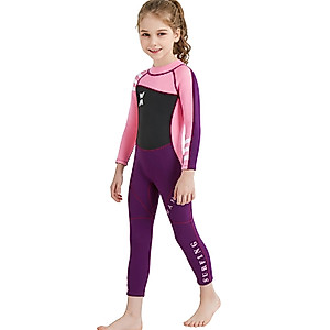 Kids Girls 2.5mm Wetsuit Long Sleeve One Piece Dive Skin UV Protection Thermal Swimsuit for Diving Snorkeling Swimming 10-11 Years Pink