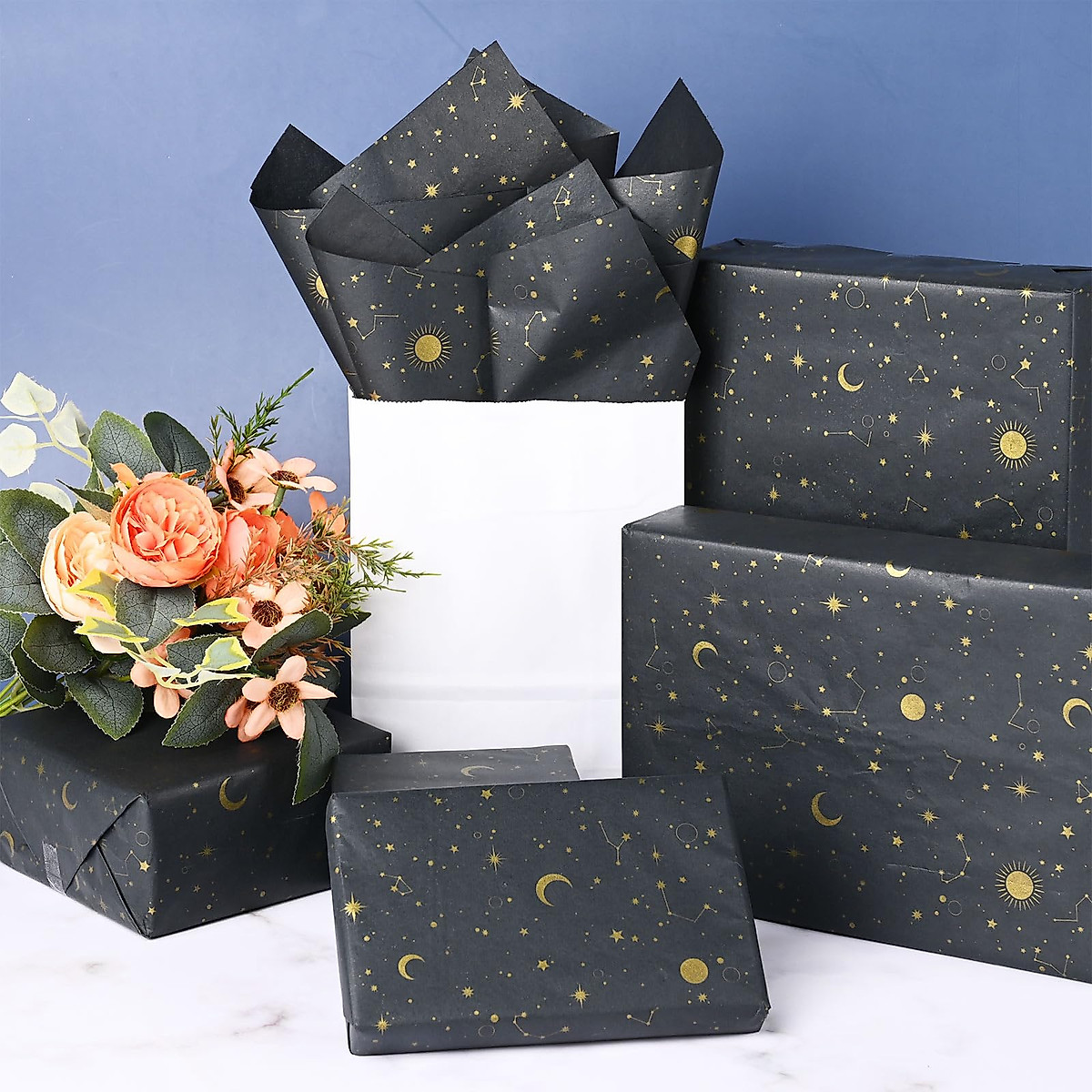100 Sheets 20 * 14 Inches Galaxy Tissue Paper for Gift Wrapping, Black Gold Moon Star Printed Tissue Paper for Gift Bags for Birthday Christmas Baby Shower DIY Craft
