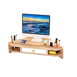 KUAIYU Triangle Monitor Riser,Cut Triangular Computer Monitor Desktop Corner Stand,Desktop Corner Shelf With Drawers Wooden Computer Stand With Storage Laptop Risers Office Organization.