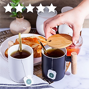 Tea Cup- Tea Cup with Lid- Coffee Mug With Lid- Ceramic Mugs with Ergonomic Wooden Handle & Lid- Matte-Finish Tea Mug- Tea Travel Mug with Spoon- Coffee or Tea Mugs by Samora (Black & White, Set of 2)