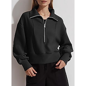 Dokotoo Womens Casual Half Zip Pullover Long Sleeve Sweatshirts Quarter Zipper Cropped Sweatshirt Tops for Women Teen Girls Fall Jackets Winter Warm Sweater Outfits Clothes Black Large