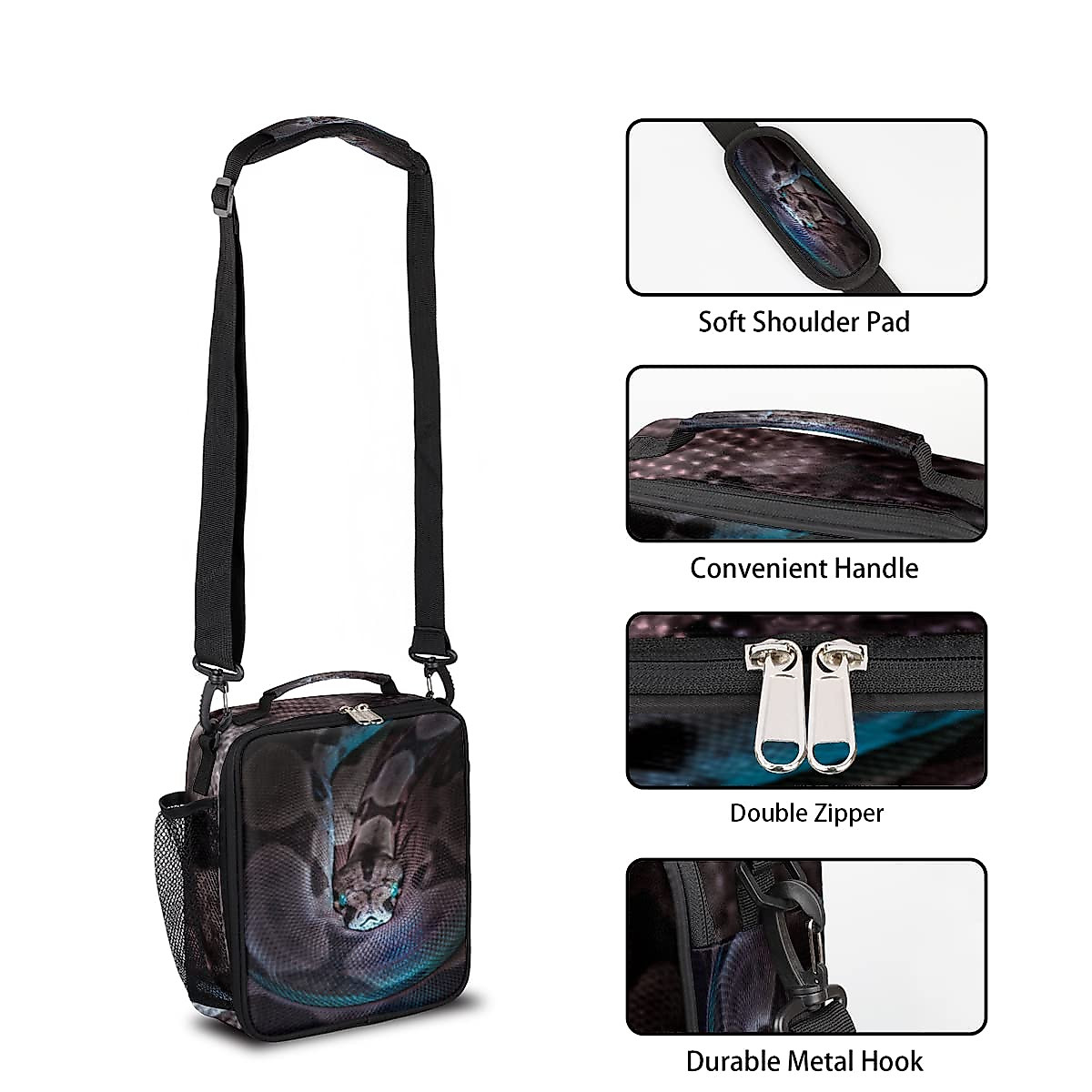 Snake Python Snakeskin Insulated Lunch Bag Reusable Cooler Lunch Box Freezable Thermal Leak-proof Tote Shoulder Strap for Office Picnic Lunch Tote Bag