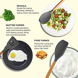 MIBOTE 17 Pcs Silicone Cooking Kitchen Utensils Set with Holder, Wooden Handles Silicone Turner Tongs Spatula Spoon Kitchen Gadgets Utensil Set for Nonstick Cookware (Grey)