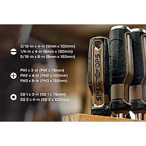 Spec Ops Tools 8-Piece Screwdriver Set, Phillips, Slotted, Square, Magentic Tip, Cr-Mo Steel Shaft