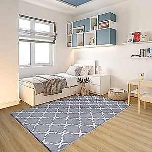 QXKAKA Soft Shag Geometric Area Rug, Modern Indoor Carpet for Bedroom Living Room, 4'x6' Memory Foam Kids Rug for Nursery Play Mat, Moroccan Trellis Fluffy Rug Accent Room Decor, Grey/White