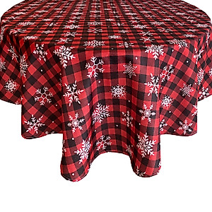 Lintex Red/Black Snowflake Plaid Festive Christmas Fabric Tablecloth, Red, Black and White Plaid Country Rustic Xmas Holiday Tablecloth, 70” Round