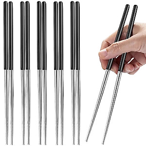 5 Pairs Stainless Steel Chopsticks, Slivek Reusable Premium Lightweight 304 Metal Chopsticks Dishwasher Safe, Non-slip, Lightweight, 9.05 inches (Black Silver)
