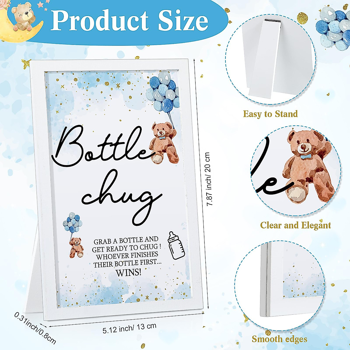 Roowest Bottle Chug Baby Shower Game Favors including Bear Theme Bottle Chug Game Wooden Sign and 18 Pcs Blue Baby Bottles for Baby Shower Game Gender Reveal Party Supplies