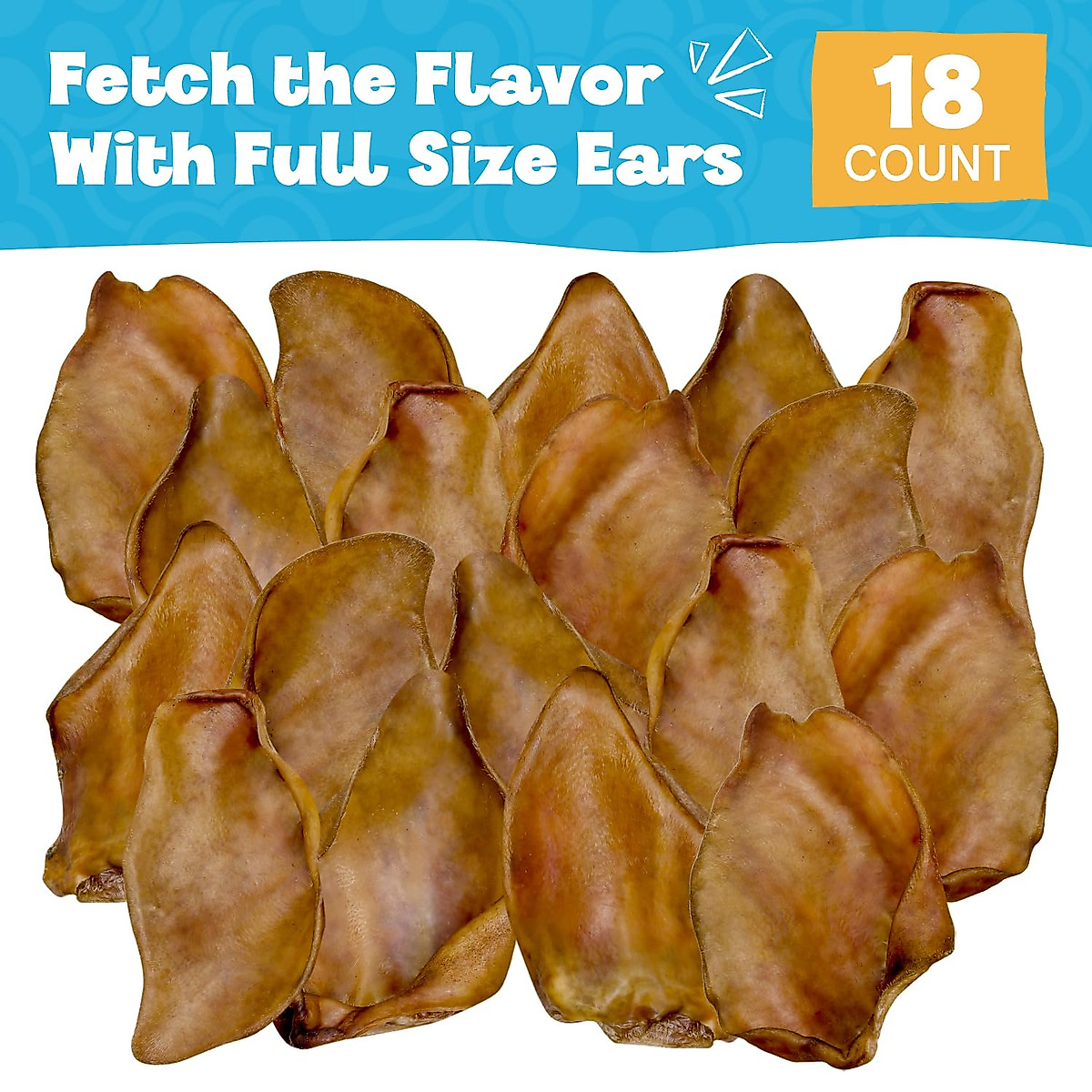 FETCHERONI Whole Pig Ears for Golden Retriever Dogs Large - 18 Pack Long Lasting Dog Chews – Dog Treats One Ingredient Delicious All Natural Flavor – Easy to Digest Dog Treats for Large Dog