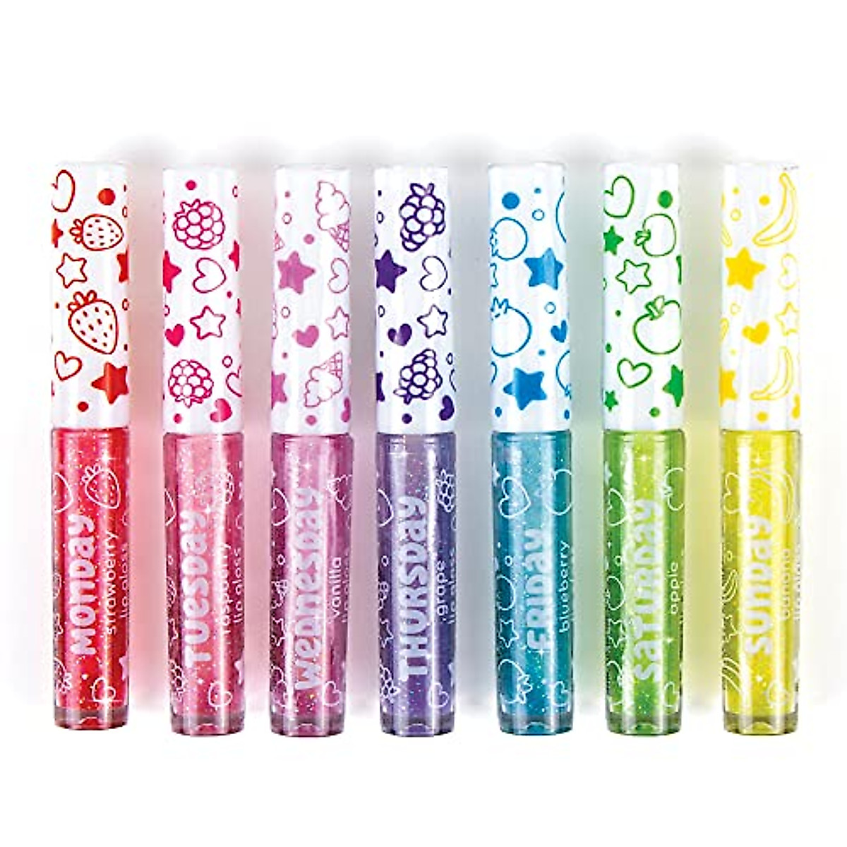 3C4G Three Cheers for Girls by Make It Real - 7 Days Glitter Lip Gloss - Flavored Lip Gloss Set for Girls - Strawberry, Raspberry, Vanilla and More! - 7 Piece Lip Gloss Kit