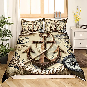 Erosebridal Anchor Bedding Set Queen Retro Nautical Comforter Cover Ocean Adventure Duvet Cover for Kids Adults Compass Sailboat Quilt Cover Brown Bedroom Decor Zipper
