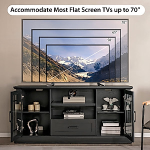 Tangkula Farmhouse TV Stand for TV up to 70 Inch, Tall Media Console Table w/2 Glass Doors, Entertainment Center w/Cubbies & Drawer, Storage Cabinet or Sideboard Buffet for Living Room (Black)