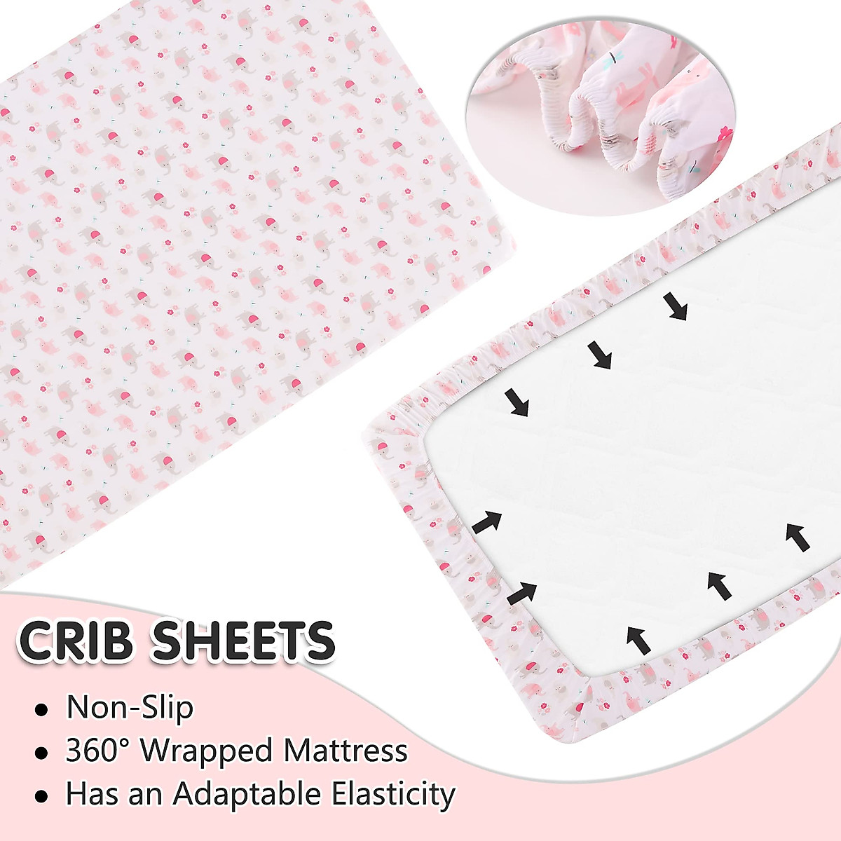 Honkaii Crib Bedding Set for Boys Girls 3-Piece, Grey Elephant Baby Nursery Set, Safari Theme Crib Set, 100% Cotton Crib Sheet, Crib Skirt, Crib Comforter Included, Baby Boy Nursery Decor