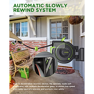 MYTOL Retractable Garden Hose Reel, 5/8 Inch x 82 ft + 6 ft Wall Mounted Water Hose Reel with Auto Slow Rewind System, 10-Pattern Nozzle, Any Length Lock, 180° Swivel Bracket, Ideal for Easy Watering