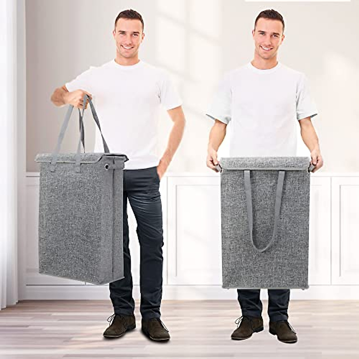 TEAYINGDE slim Laundry Basket with Lid, Tall Thin Laundry Hamper with Handles, Waterproof Lining Narrow Dirty Clothes Hamper for Bathroom Bedroom Dorm Organization Storage, 45L Grey