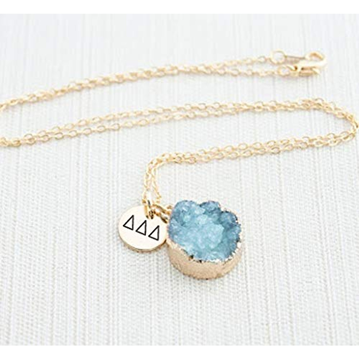 Sorority Shop DDD Necklace - Delta Delta Delta Light Blue Druzy Gemstone Necklace With Engraved Pendant – 14K Gold Dipped Jewelry with Light Blue Gemstone – Sorority Gift, Charm Paraphernalia