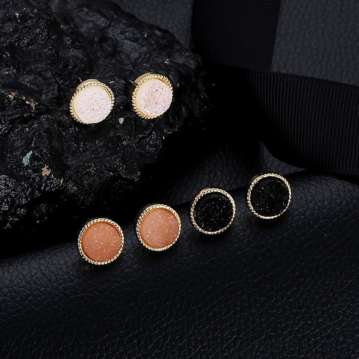 12 Pairs Druzy Stud Earrings for Women 12mm Round Triangle Resin Cluster Stud Earrings Set Stainless Steel Pierced Gold Black Multicolor