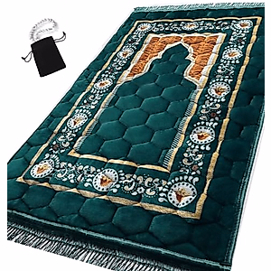 Prayer Rug Muslim Mat Islamic - Padded Very Thick Prayer Rug Sajadah for Men Women with Islam Prayer Beads for Eid Travel Ramadan, Soft and Luxury (Green Dl)