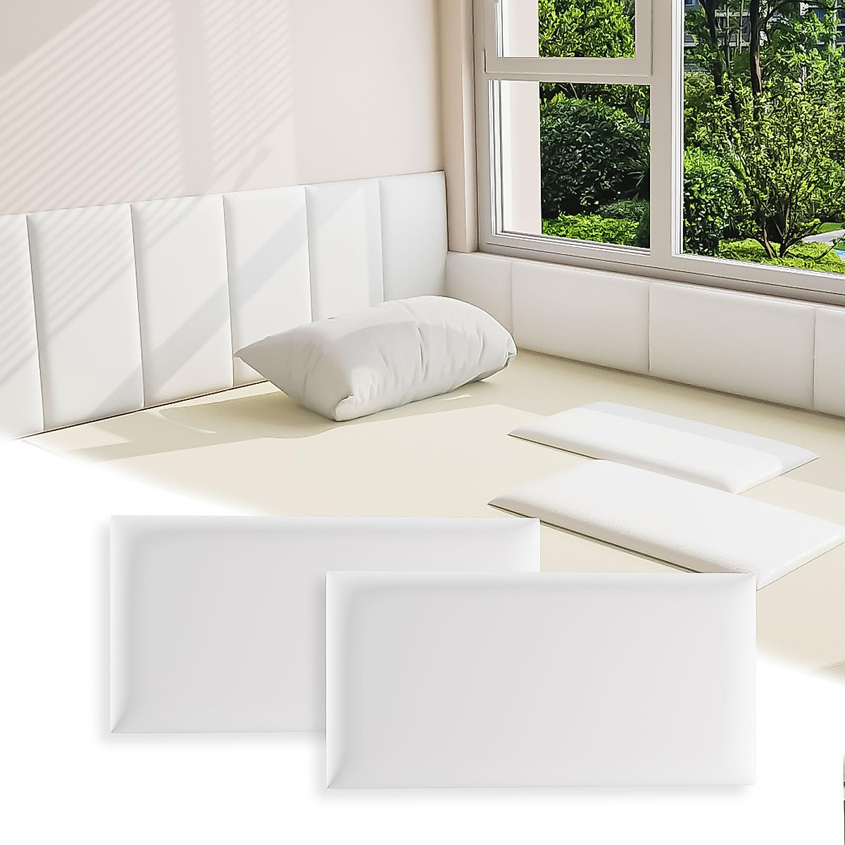 Umedol 3D Anti-Collision Wall Padding for Kids, White Peel and Stick headboard Pack of 4 Panels Sized 7.8" x 15.7", Self-Adhesive headboard Panels for Wall, Bedroom/Living Room Upholstered Wall Panel