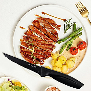 LIN ZHI REN Steak Knives,Serrated Steak knife,High-Carbon Stainless Steel,Ergonomic Handles,For Restaurant Kitchen Tableware Camping,Dishwasher Safe (16 Pcs - Black)