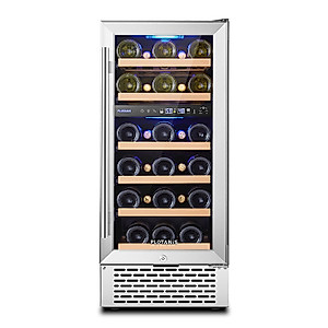 Plotanis 15 Inch Wine Fridge Dual Zone 28 Bottles Under Counter Wine Cooler Refrigerator Built-in or Freestanding with Glass Door Safety Lock