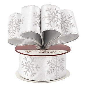 AIMUDI White Christmas Velvet Ribbon Wired 2.5 Inch Silver Glitter Snowflake Wired Ribbon for Wreaths White Ribbon for Christmas Tree, Gift Wrapping, Garland, Holiday Crafts, Topper Bows - 10 Yards