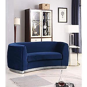 Meridian Furniture Julian Collection Modern | Contemporary Velvet Upholstered Loveseat with Stainless Steel Base in Polished Chrome Finish, Navy, 70" W x 34" D x 28" H