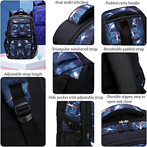 Boys Backpacks Primary Junior High School Bag Kids Bookbag 3 in 1 Casual Daypack Set Fashion Space Galaxy Printed Durable Knapsack with Lunch Bag