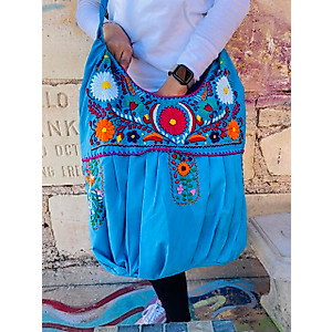 Leos Imports (TM) Hand Embroidered Puebla Mexican Tote Bag (Aqua Multi)