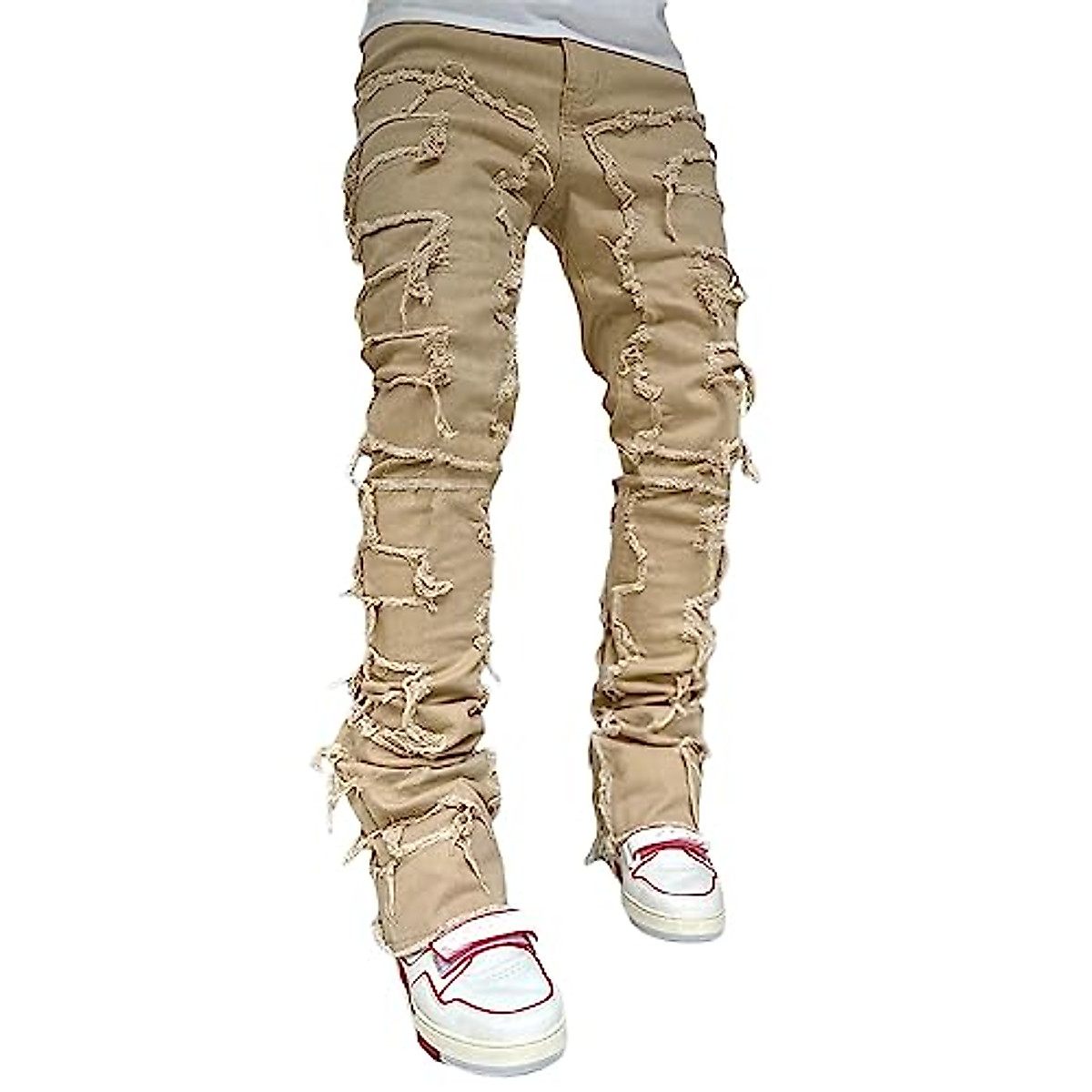 DSORVICD Mens Stacked Jeans Slim Fit Ripped Distressed Jeans Destroyed Straight Denim Pants Y2k Jeans Streetwear (Khaki, L)