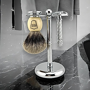 Parker Deluxe Chrome 2 Prong Safety Razor and Shaving Brush Stand