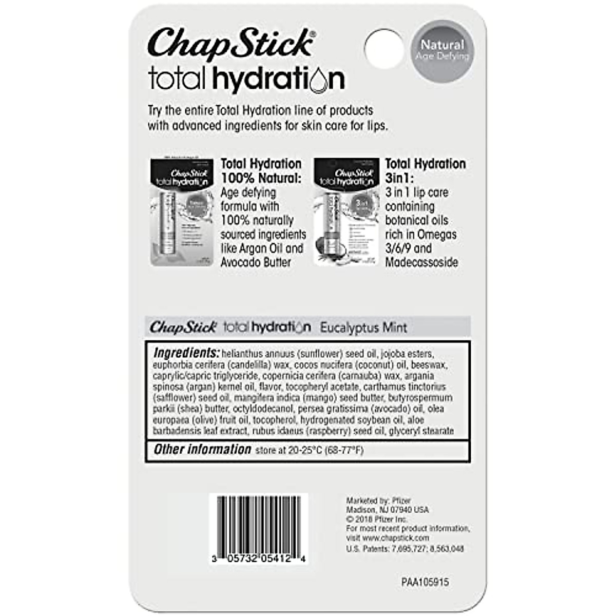 Chapstick Total Hydration (Eucalyptus Mint Flavor, 0.12 Ounce) Flavored Lip Balm Tube, Natural Age Defying Lip Care, Clinically Proven, Non-tinted, Eucalyptus Mint, 1 Count