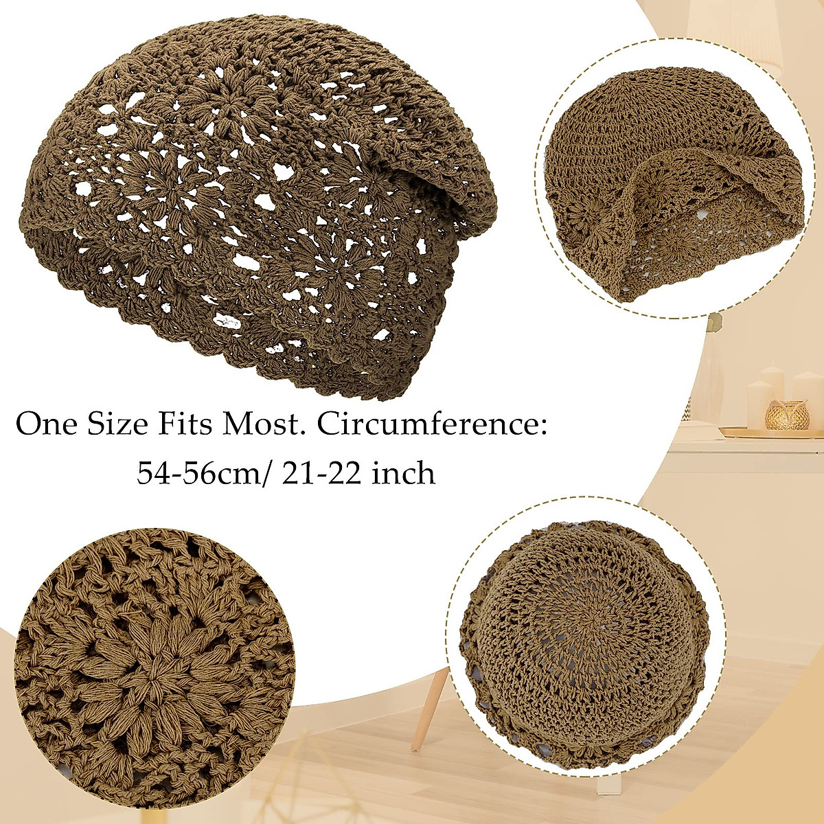 JenPen 4 Pieces Crochet Slouchy Beanie Hat Fall Handmade Knit Floral Skull Cap Cotton Cutout Summer Hats for Women Lightweight One Size