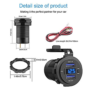 12V USB Outlet, Dual USB Quick Charge 3.0 Port & PD USB C Car Charger Socket with Voltmeter and Power Switch for Car Boat Marine Truck 2 Pack