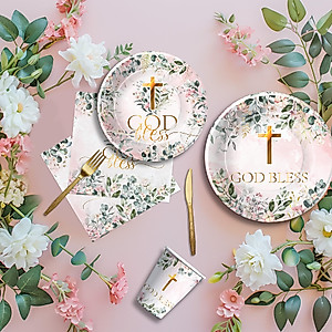 Suhelkit God Bless Baptism Plates And Napkins Girl - First Communion Decorations Party Tableware, Plate, Cup, Napkin, Tablecloth, Cutlery, For Christening Celebration Baby Shower Religious | Serve 24