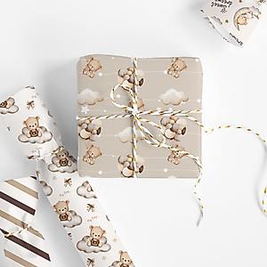 JarThenaAMCS 12 Sheet Baby Shower Wrapping Paper -Not Roll- Cute Brown Bear Gift Wrap Paper Folded Flat Watercolor Art Paper for DIY Crafts Gift Wrapping