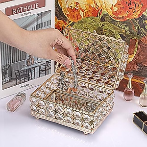 Hipiwe Crystal Jewelry Box Large Gold Treasure Chest Box with Lid Mirrored Trinket Organizer Keepsakes Box Earrings Rings Holder Decorative Jewelry Box Christmas Birthday Gift for Women Girls