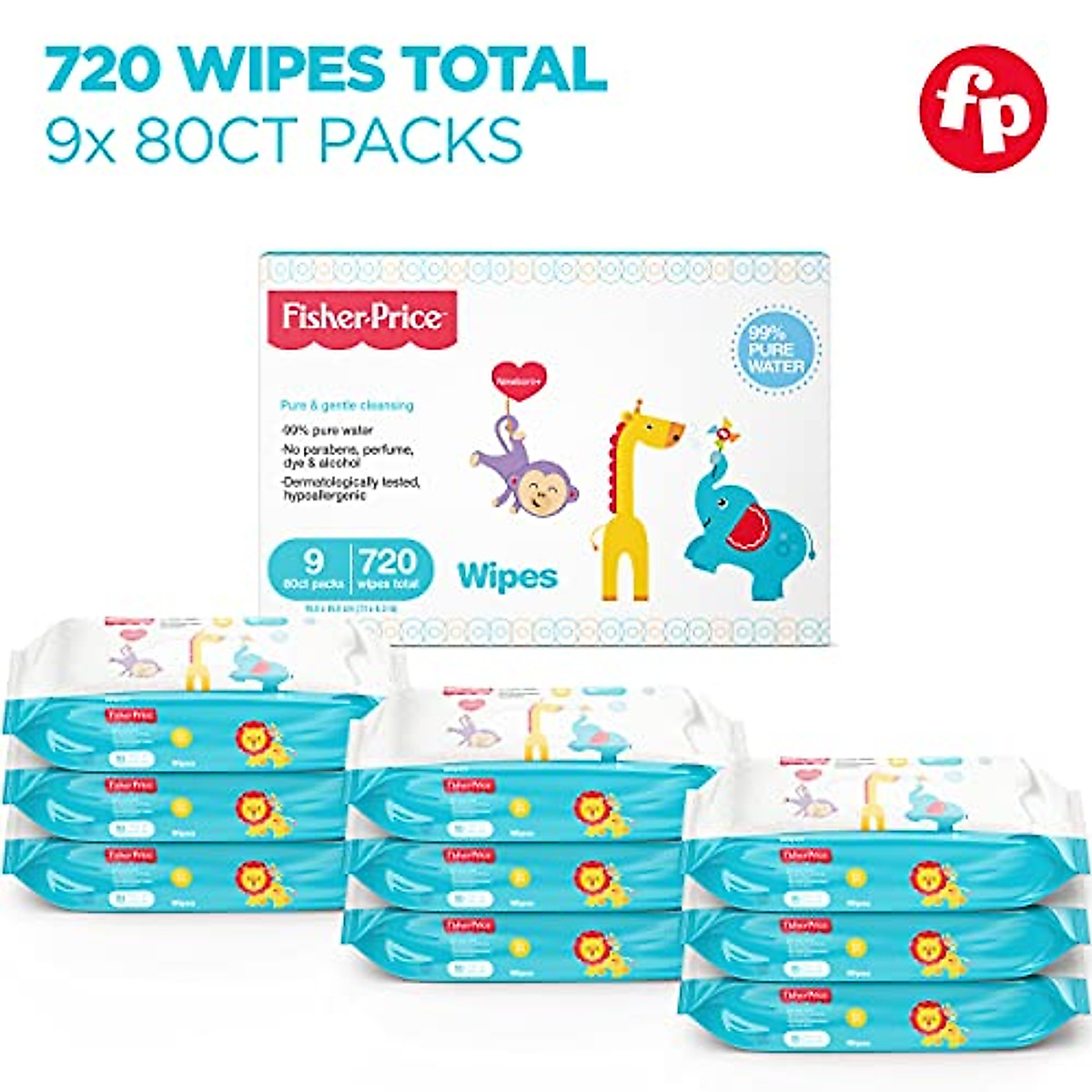 Fisher-Price Baby Wipes Unscented, Hypoallergenic, 99% Water Baby Diaper Wipes, Ideal for Newborn and Sensitive Skin, 9x Resealable Packs (720 Total Wipes)