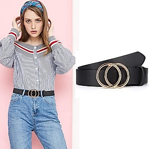 UnFader Pack 2 Women Belts for Jeans with Fashion Double O-Ring Buckle and Faux Leather