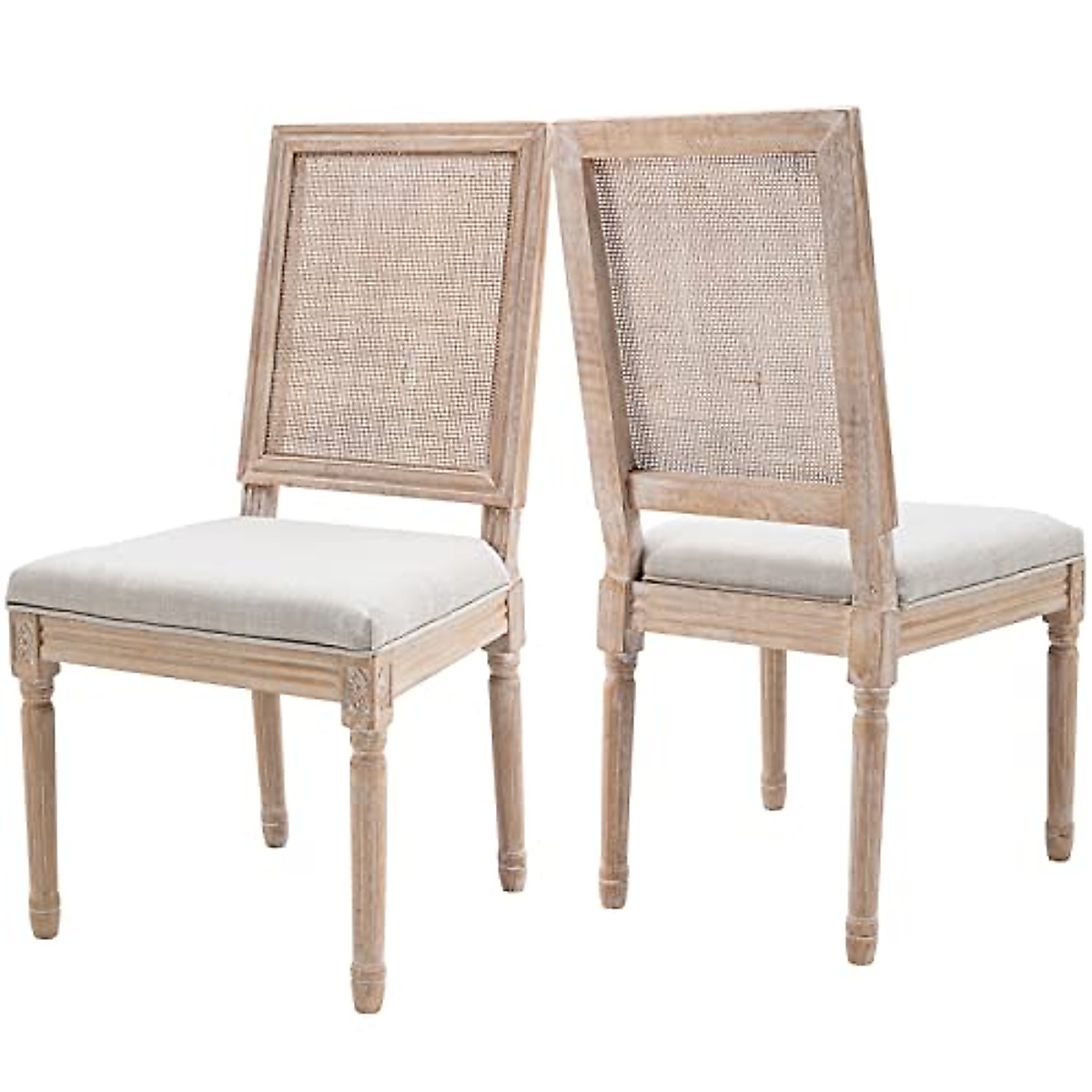 ZHENGHAO Vintage Farmhouse Dining Chairs Set of 2, French Country Dining Room Chairs with Rattan Back, Soild Wood Legs, Upholstered Chairs for Living Room/Kitchen/Restaurant, Beige